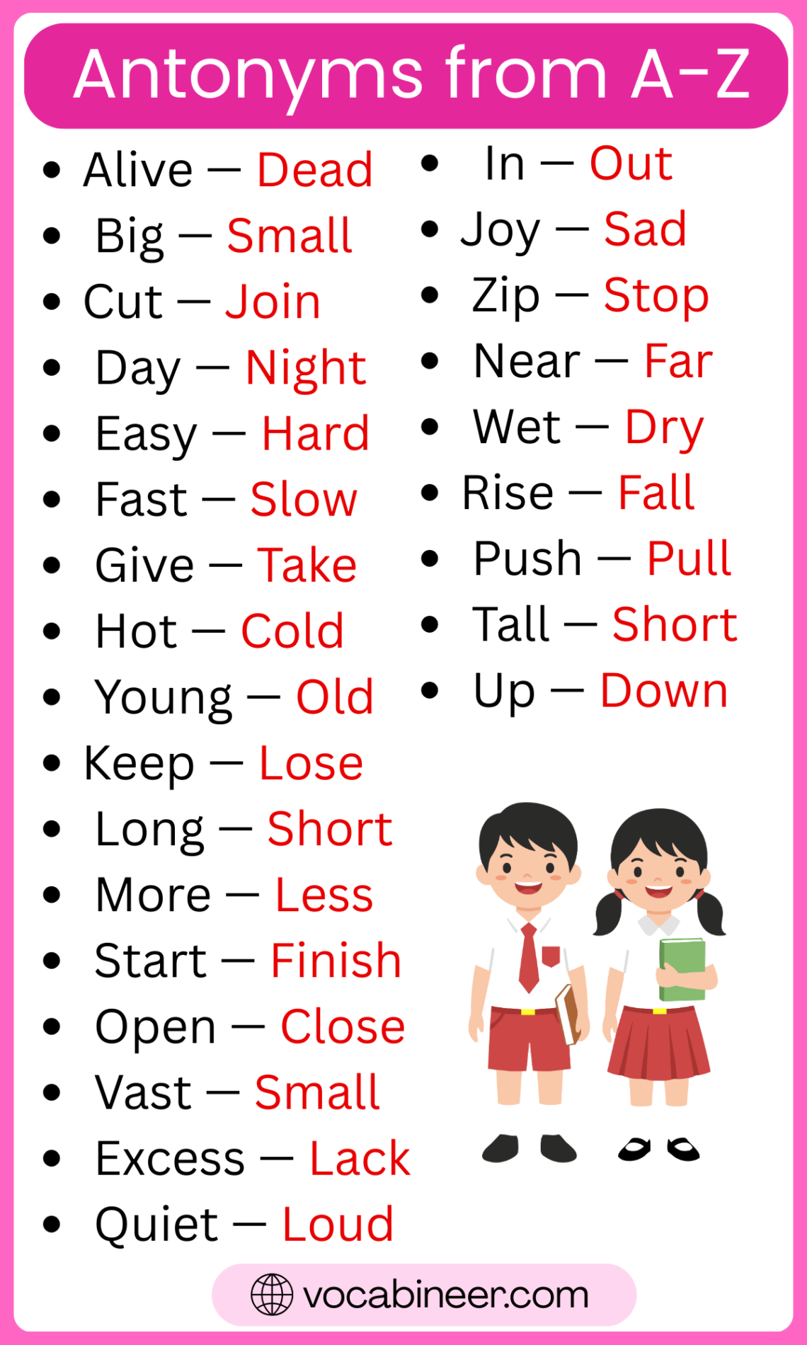 Opposite Words List from A to Z: 500 Antonyms in English