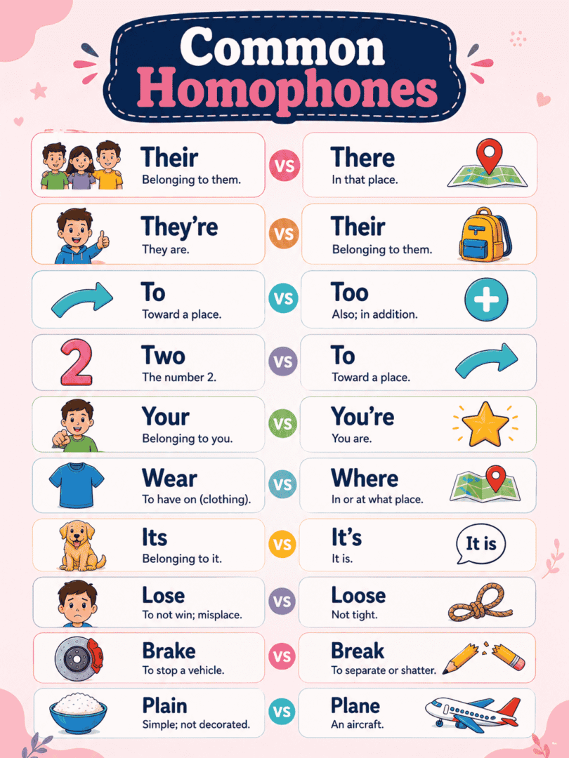 100 Homophone Examples with Meanings and Sentences