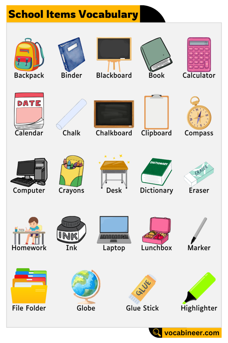 School Items Name For Kids in English with Pictures