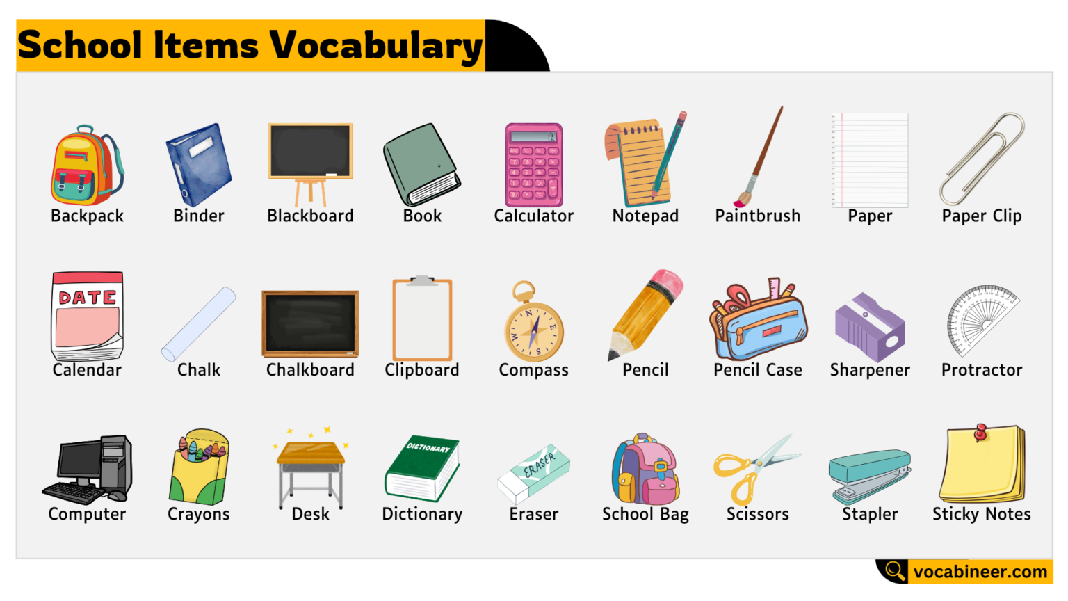 School Items Vocabulary – Learn School Supply Names