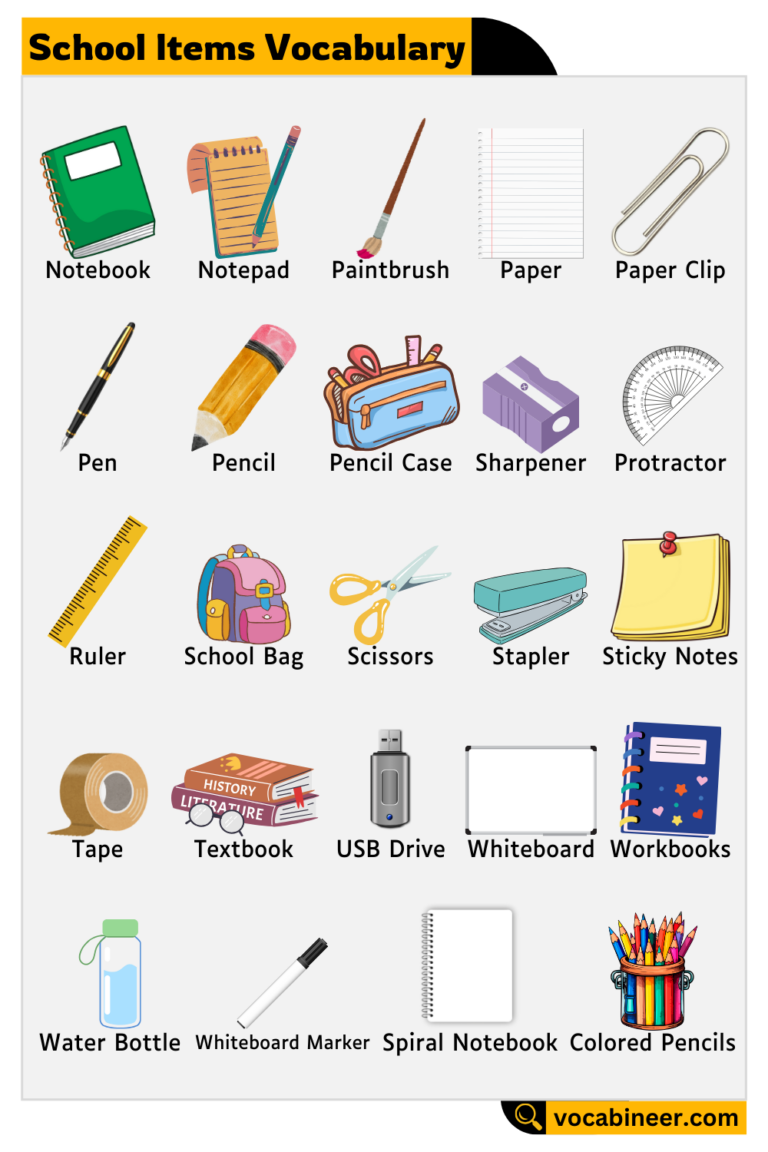 School Items Name For Kids in English with Pictures