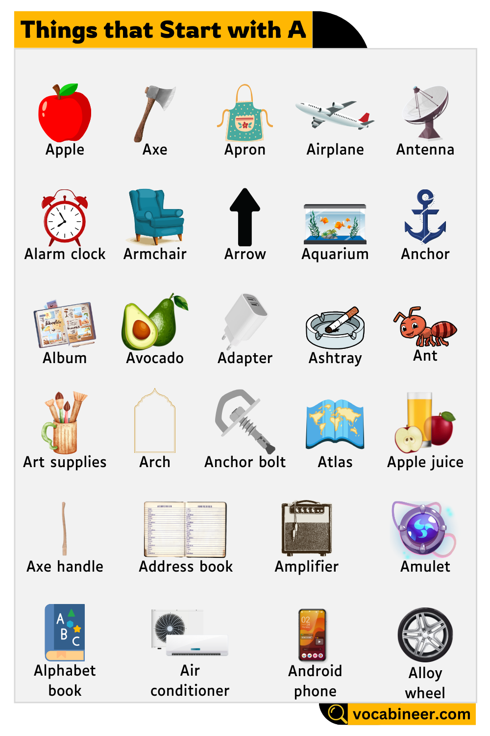 Things That Start with Letter A: List of 300+ Words with Pictures