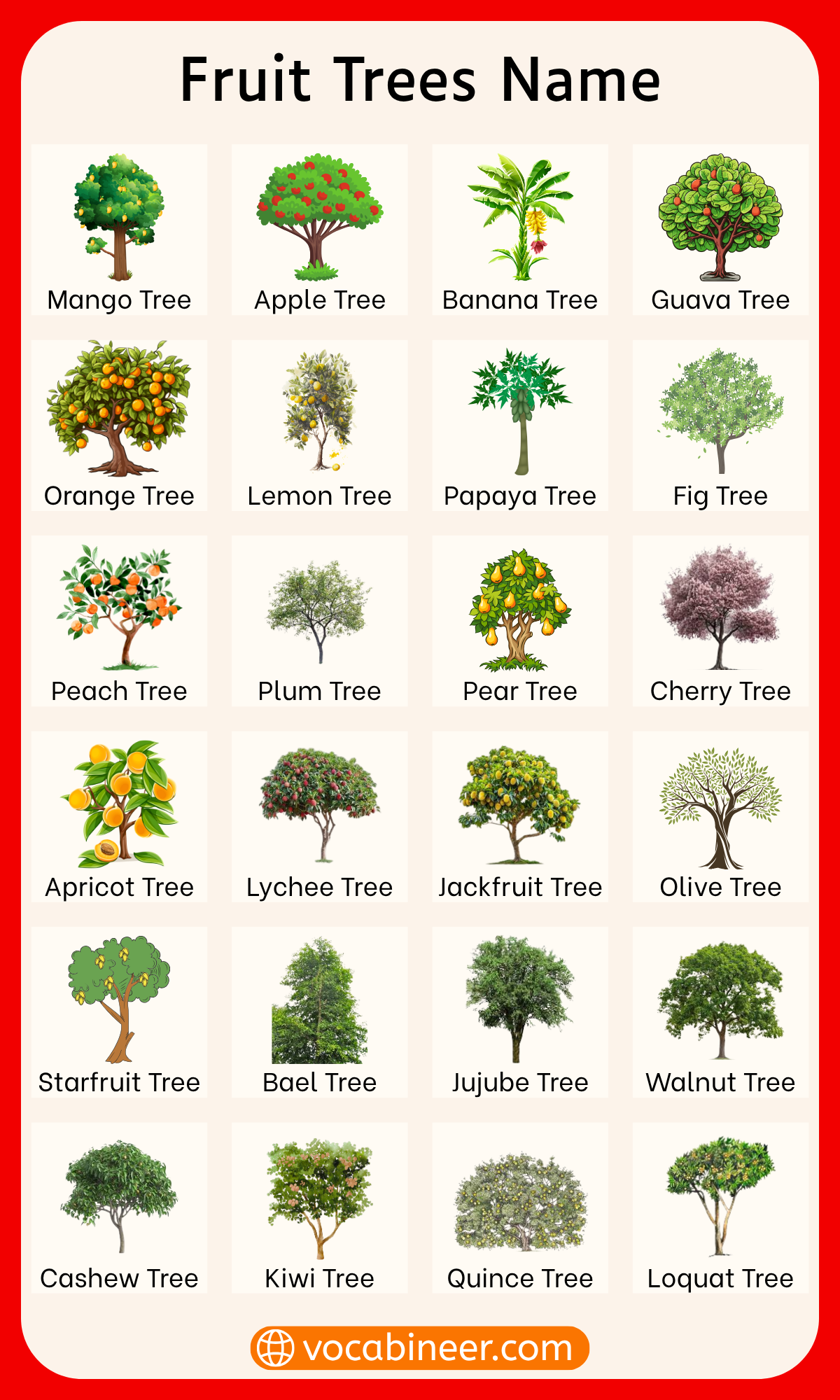 List of 50 Fruit Trees Name in English with Pictures