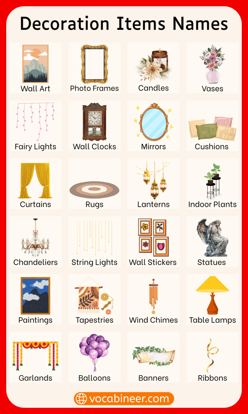 Decoration Items Names in English with Pictures