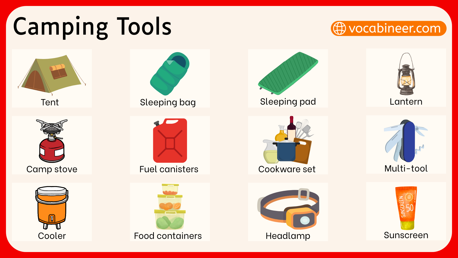 Camping Tools and Equipment Names and their Pictures