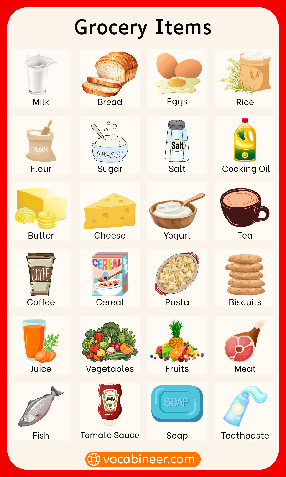 Grocery items Names in English with Pictures
