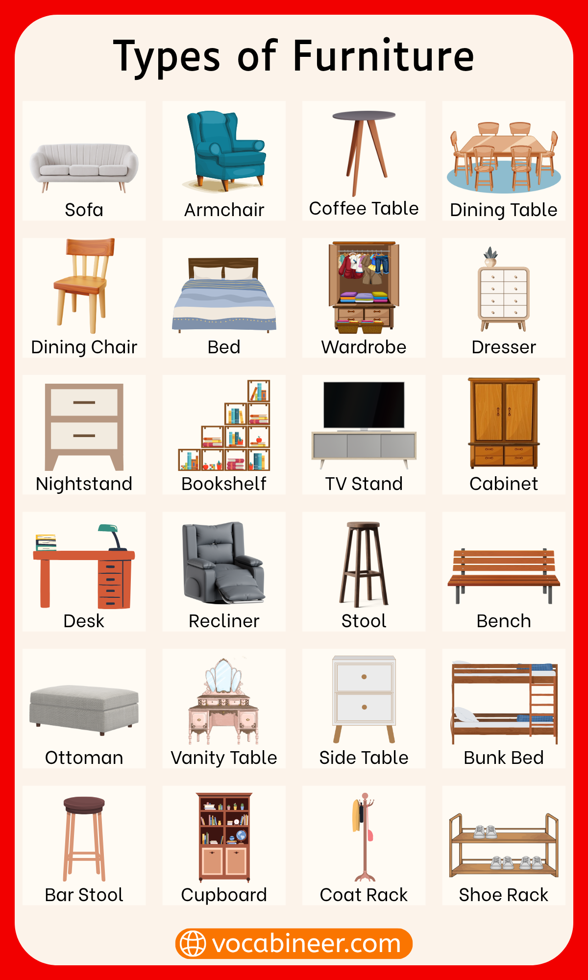 Types of Furniture items Name in English with Pictures