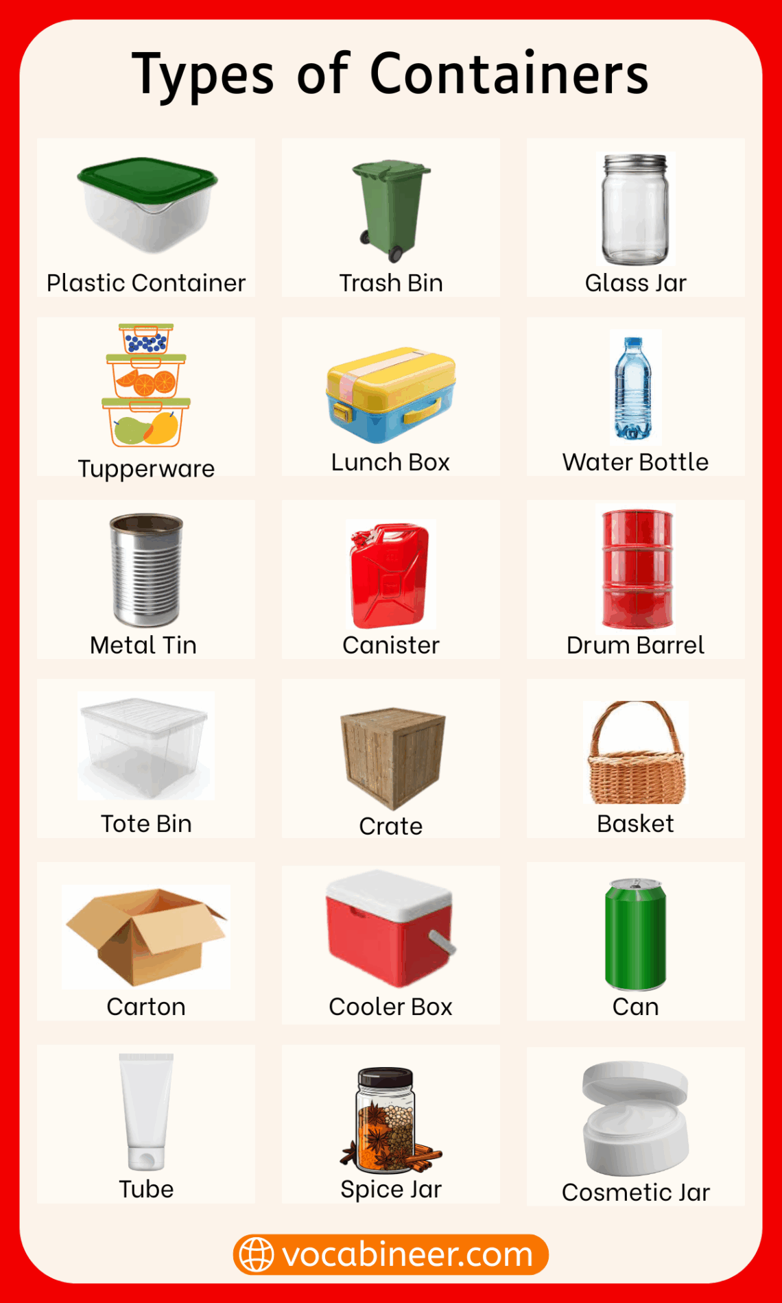 Different Types of Containers in English with Pictures