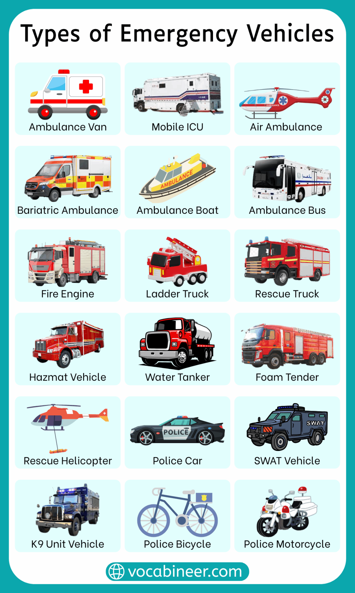 Different Types of Emergency Vehicles List with Names