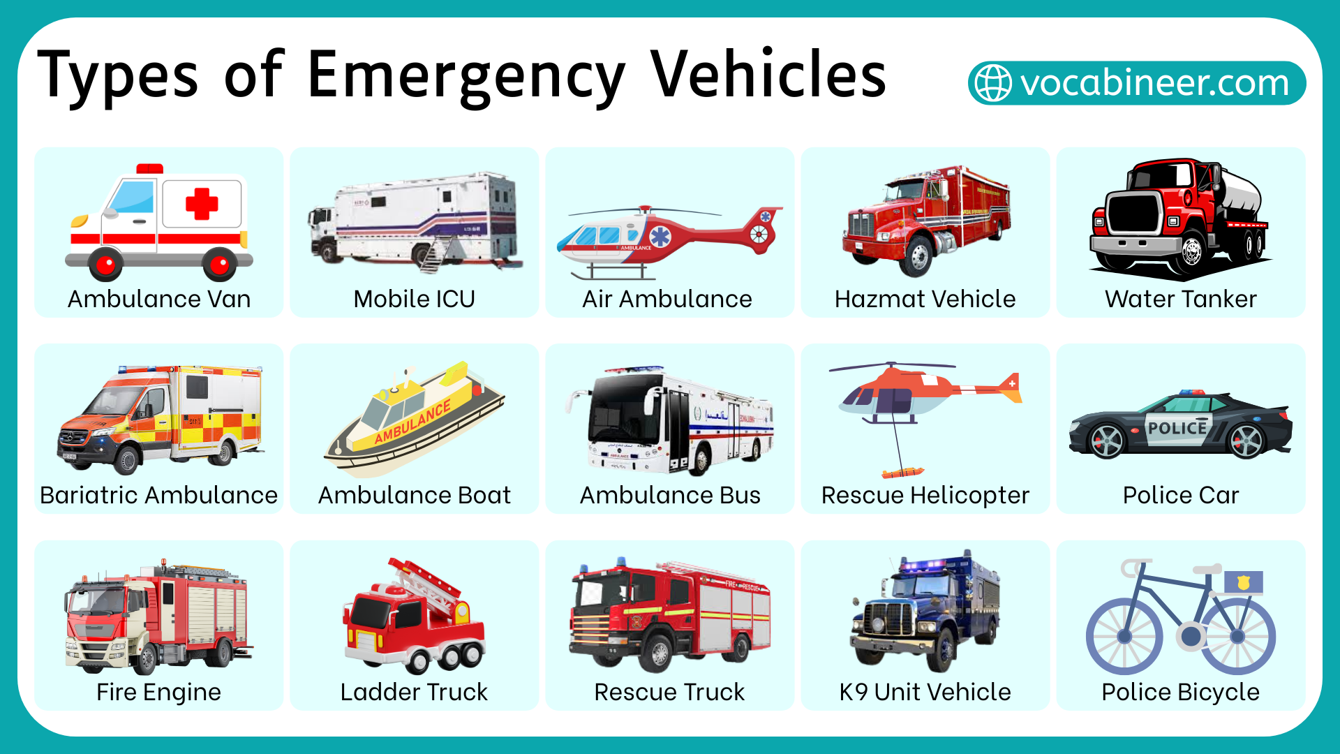 Different Types of Emergency Vehicles List with Names
