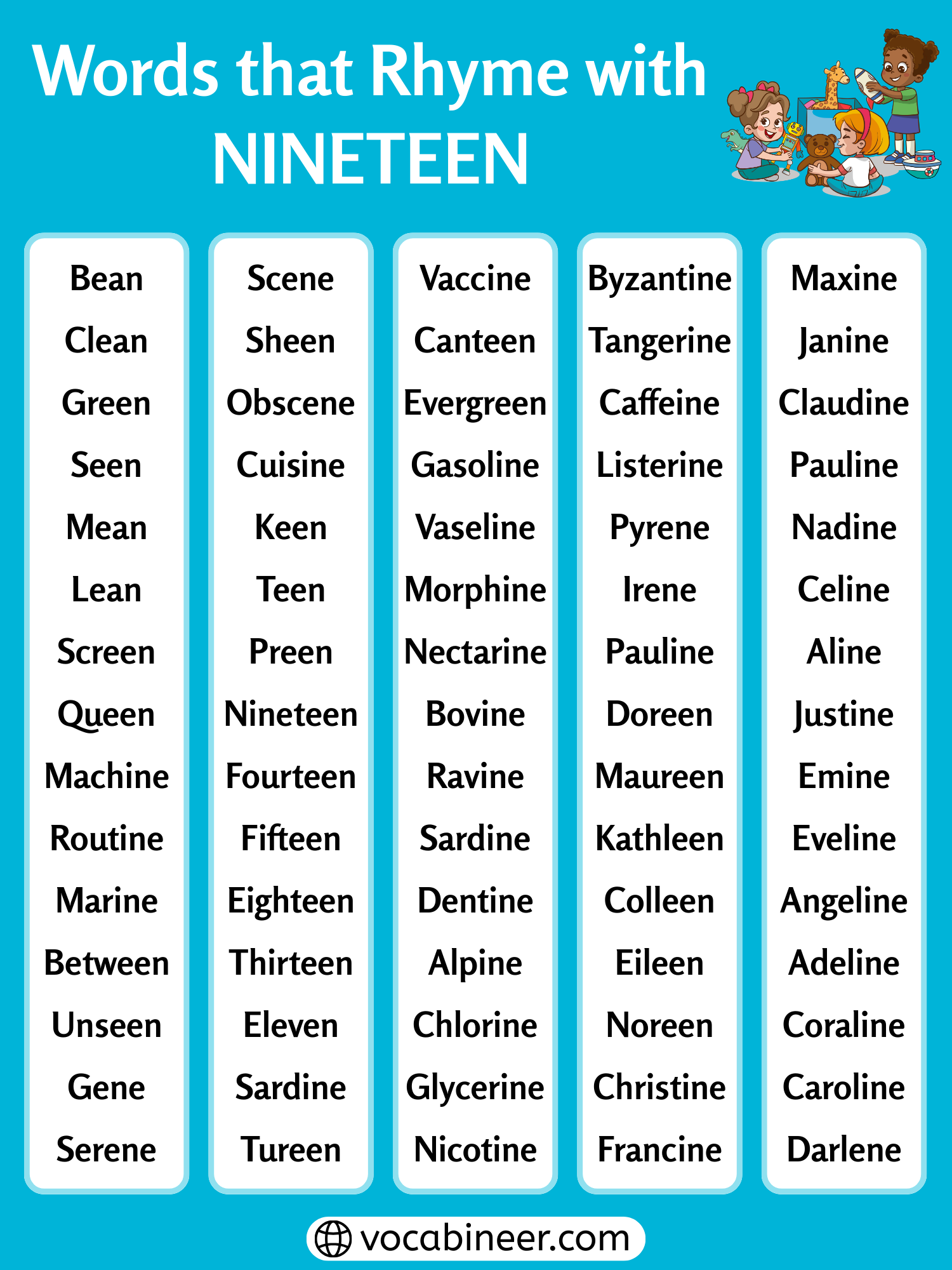 550 Extensive Rhyming Words for Nineteen - Full Rhyming List