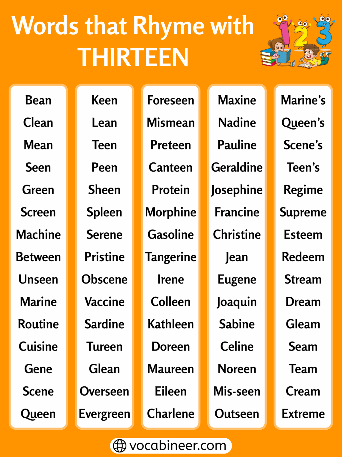 Words That Rhyme with Thirteen: List of 550 Rhyming Words
