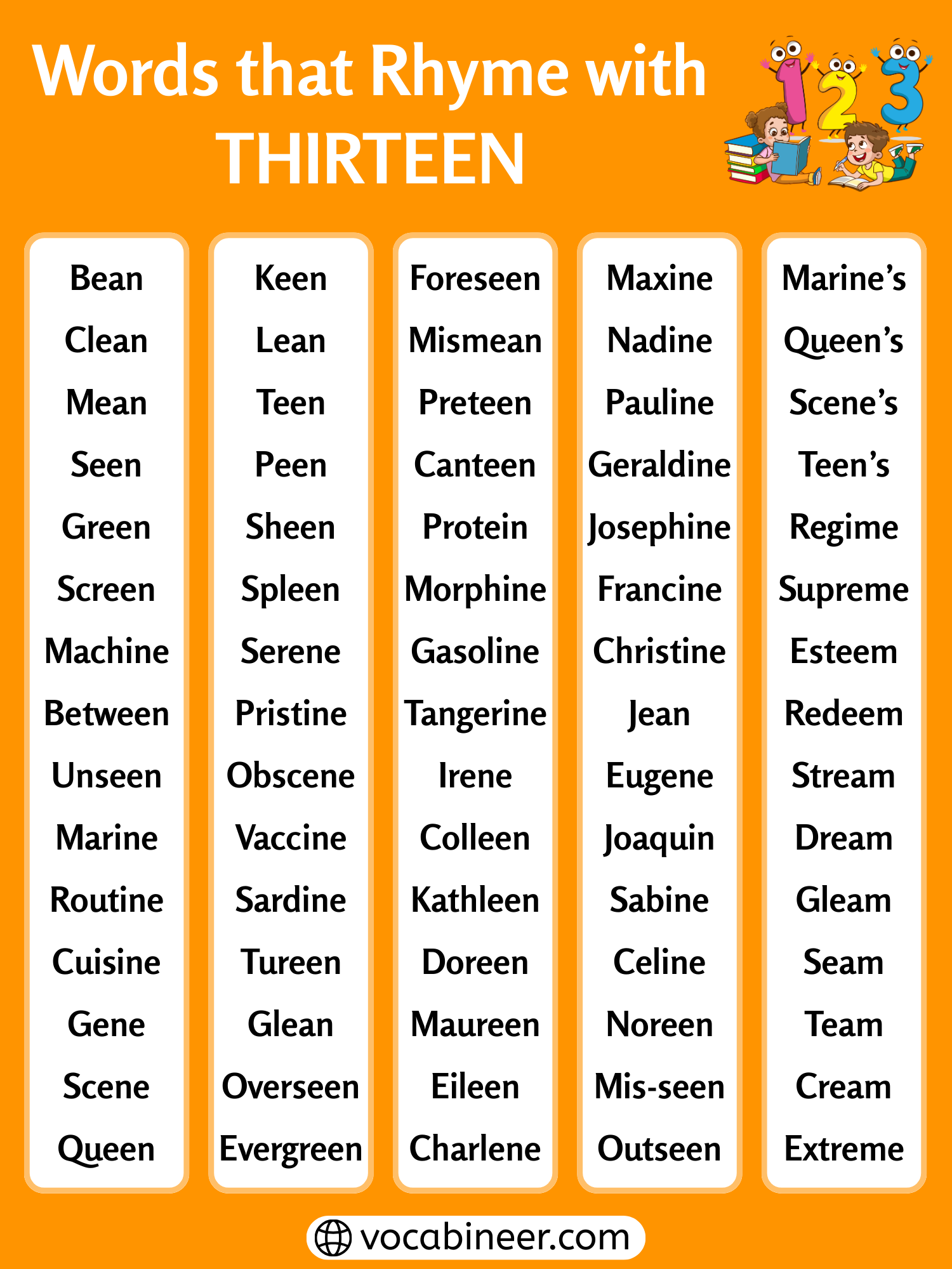 Words That Rhyme with Thirteen: List of 550 Rhyming Words