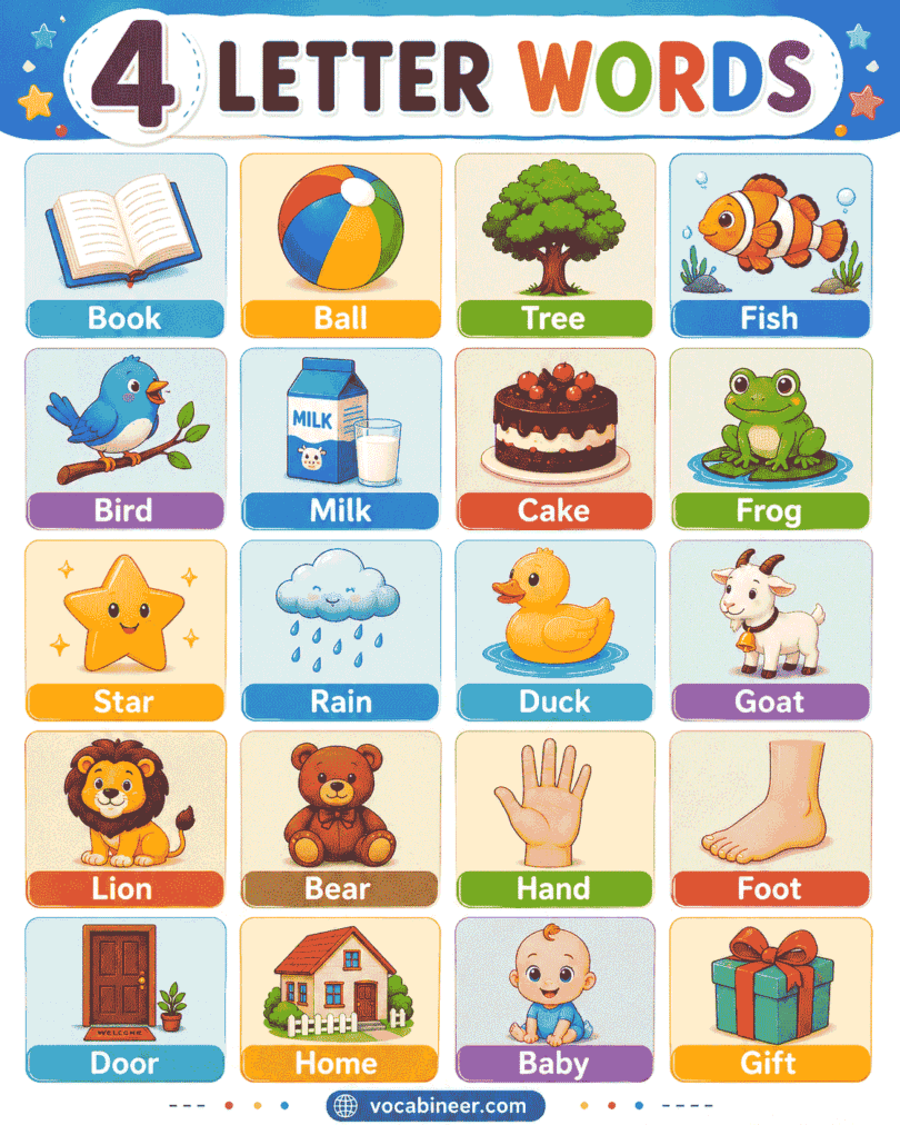 2500 Four Letter Words List with Examples for Kids