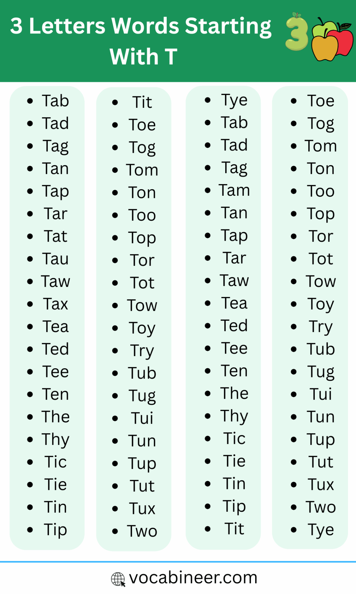 Easy 3 Letter Words List that Start with T for Learning