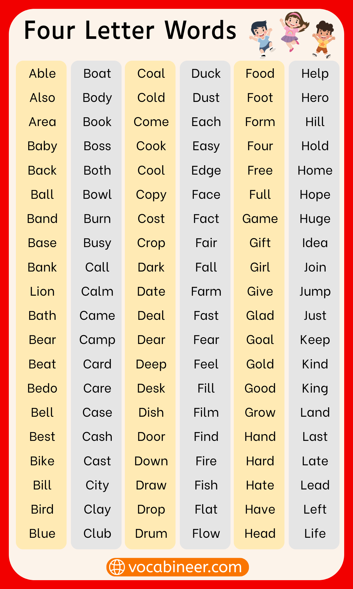 2500 Four Letter Words List with Examples for Kids