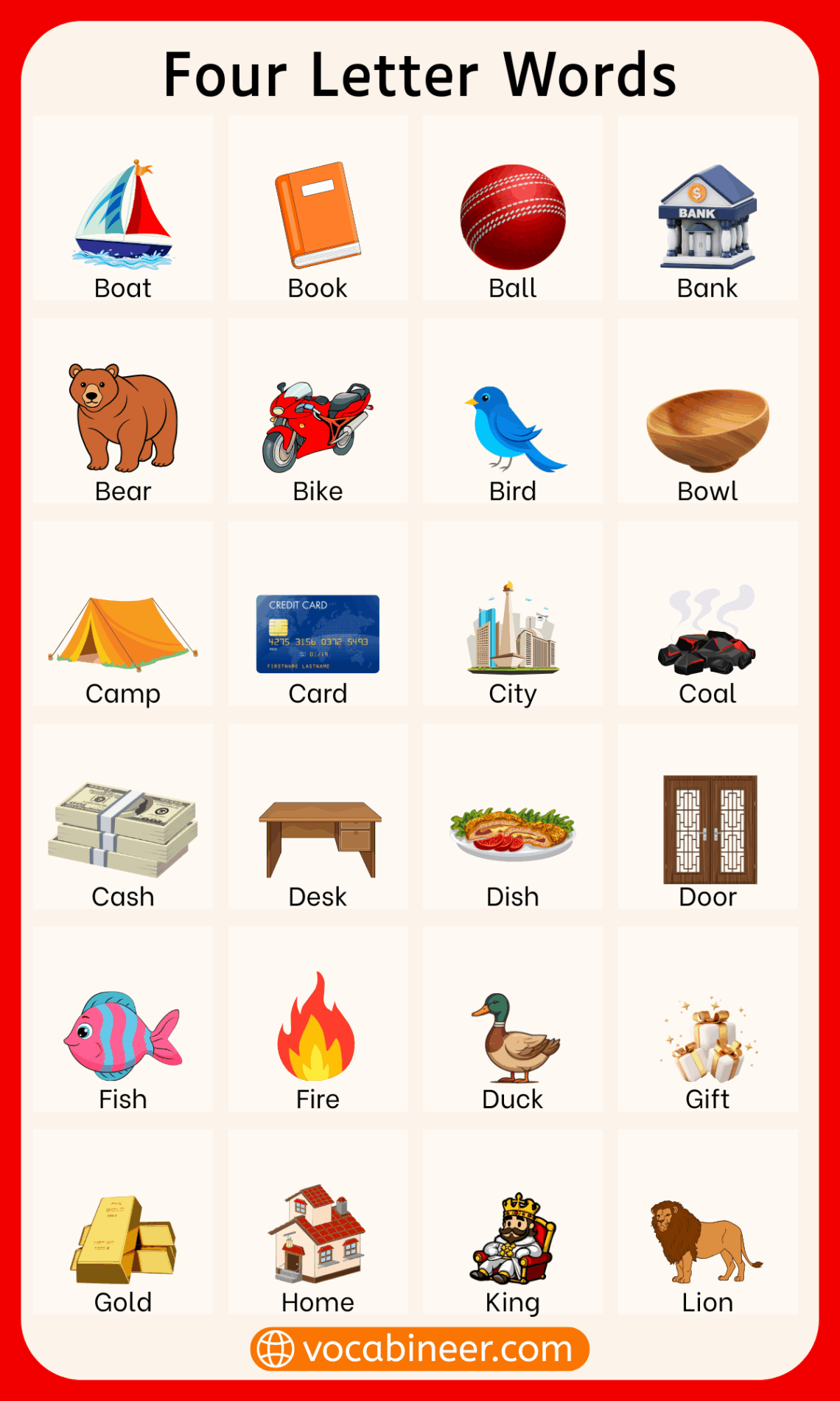 2500 Four Letter Words List with Examples for Kids