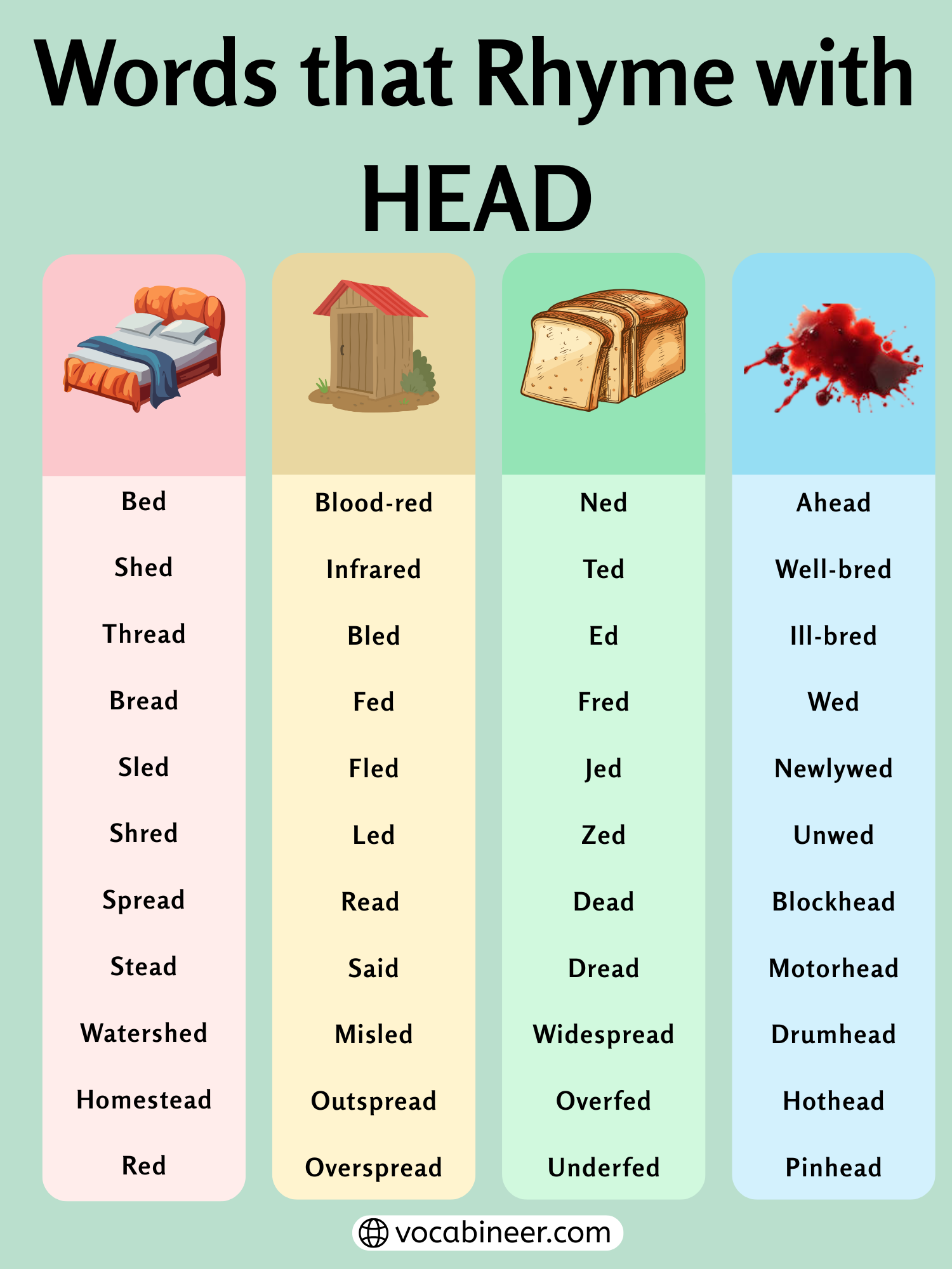 800+ Easy Words that Rhyme with Head for Kindergarten