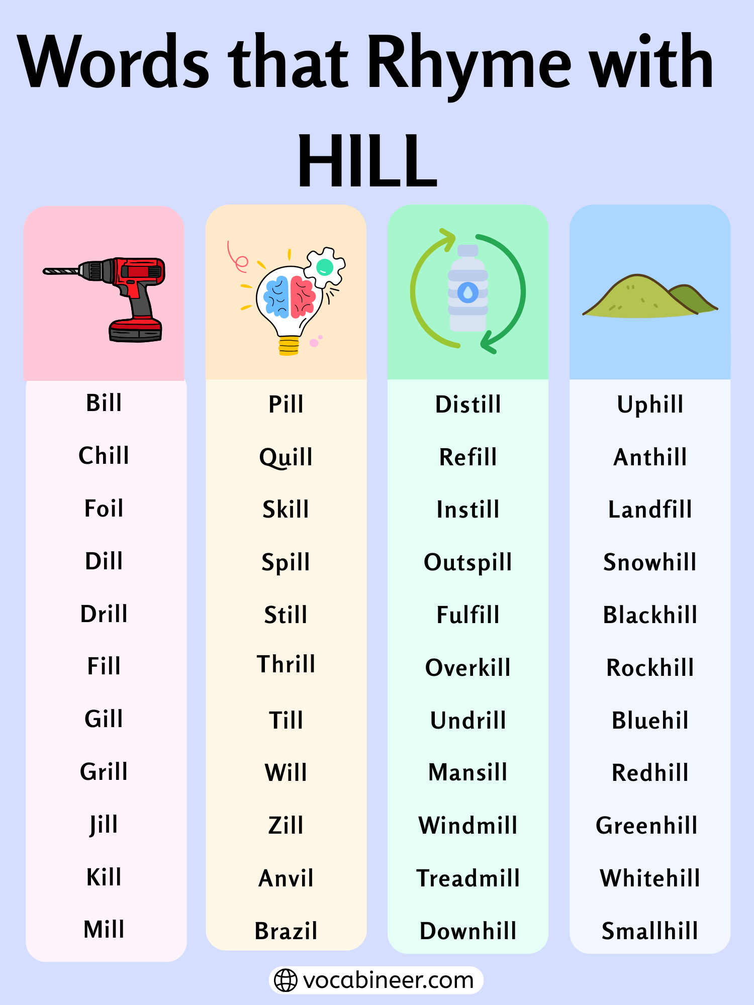 818 Magical Words That Rhyme with Hill in English