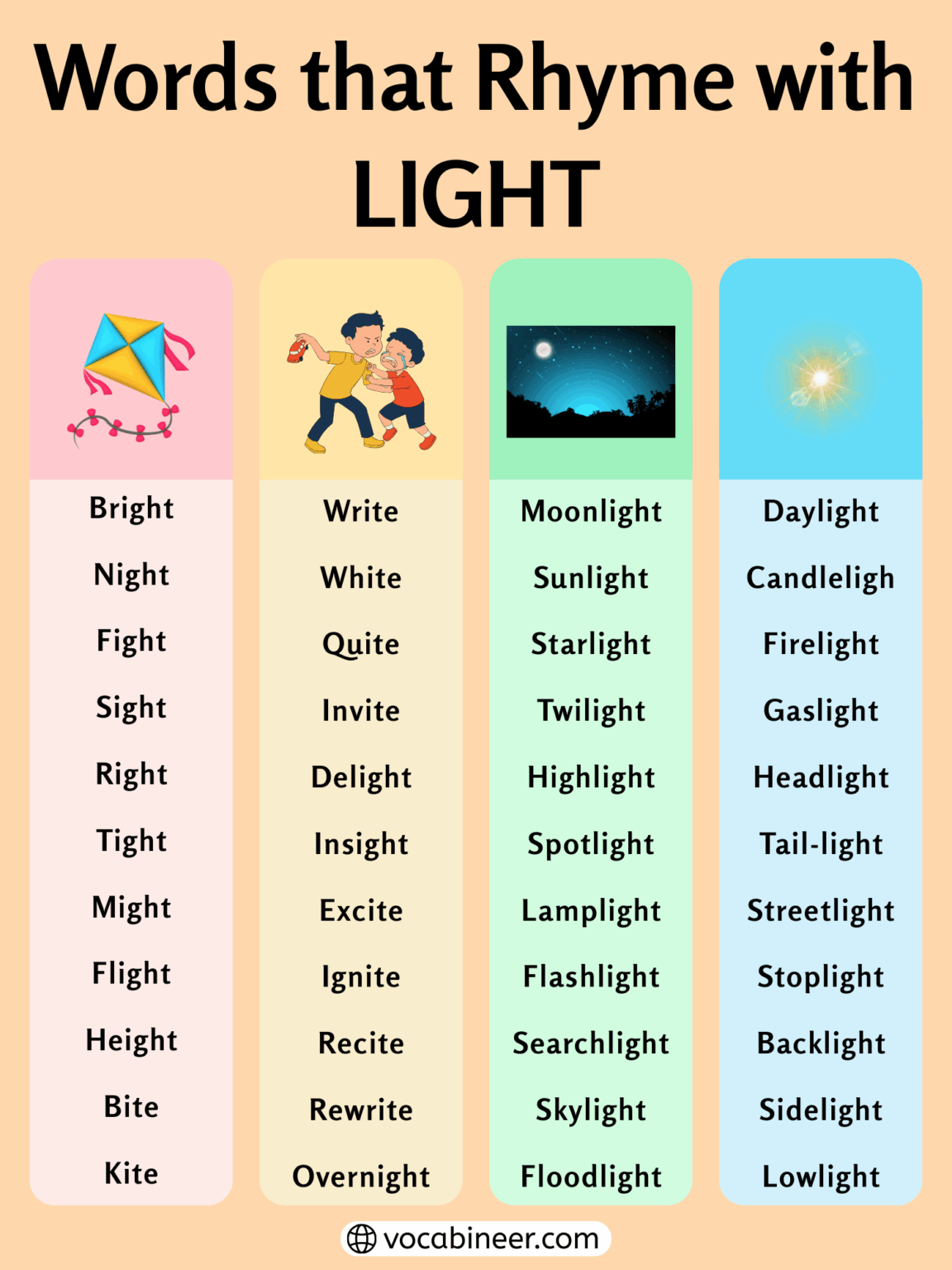 Bright Words That Rhyme with Light: 647 Rhymes List