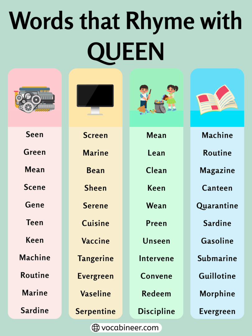 722 Beautiful Words That Rhyme with Queen for Poems