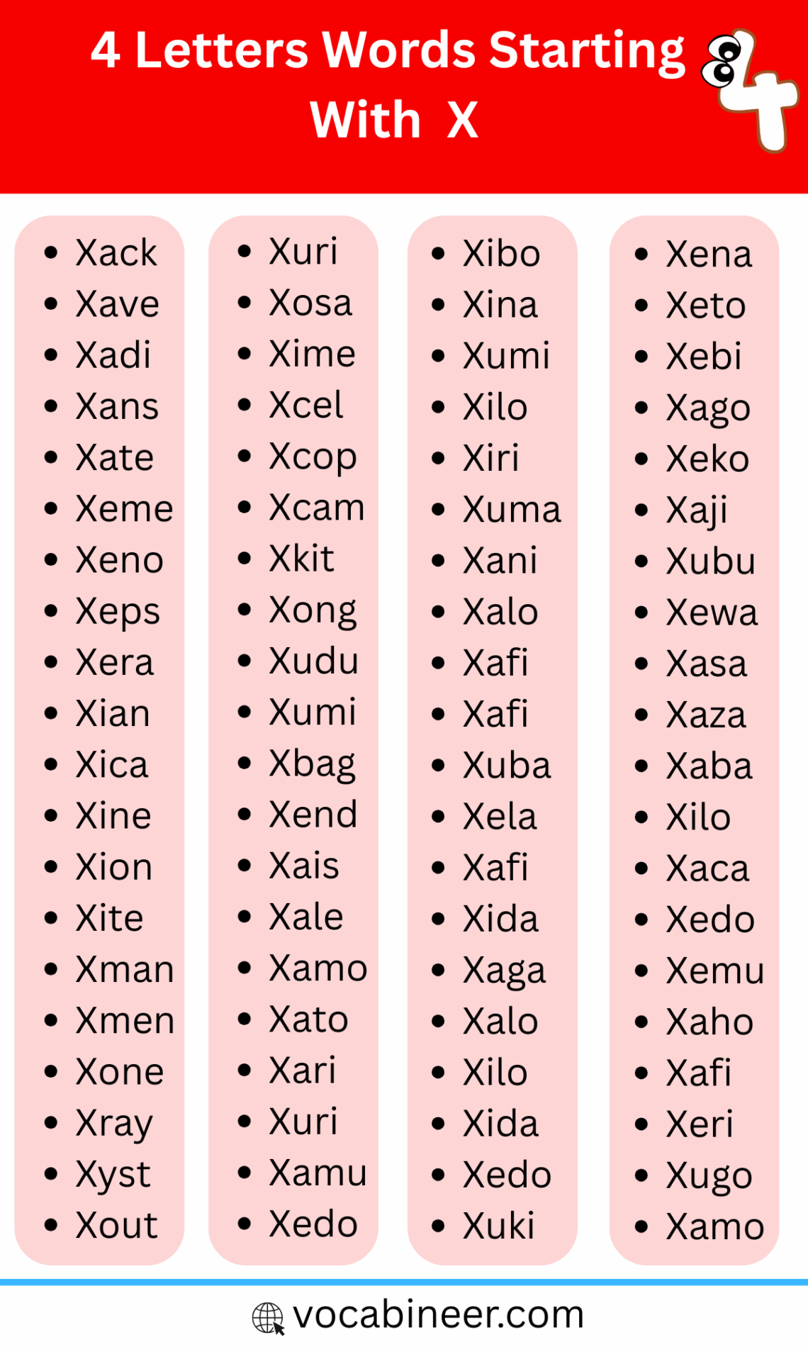 4 Letter Words Starting with X | 150 Unique X Words with Meanings