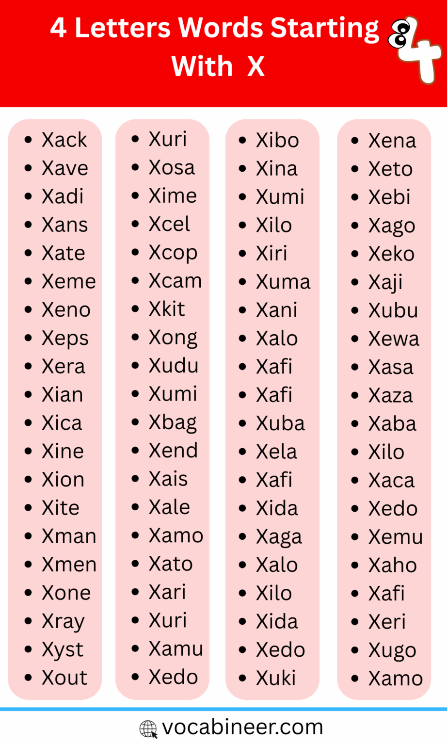 4 Letter Words Starting with X | 150 Unique X Words with Meanings