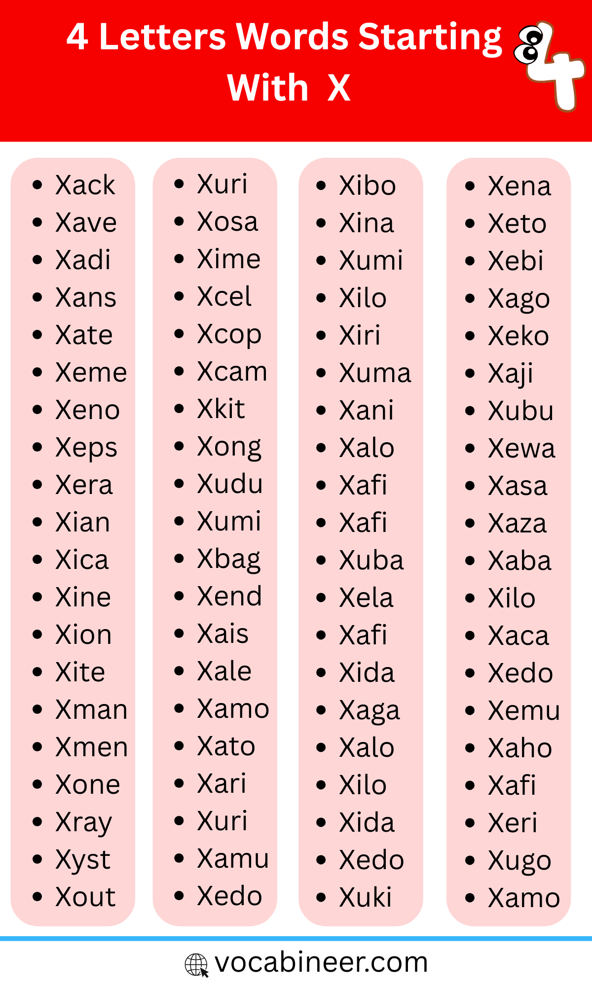 4 Letter Words Starting with X | 150 Unique X Words with Meanings