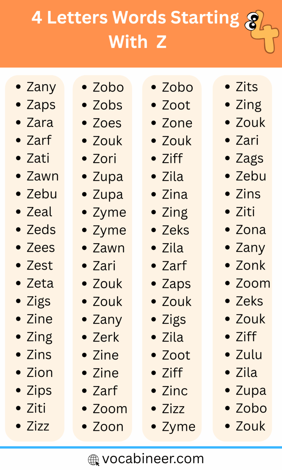 4 Letter Words Starting with Z | 140 Common Words List in English
