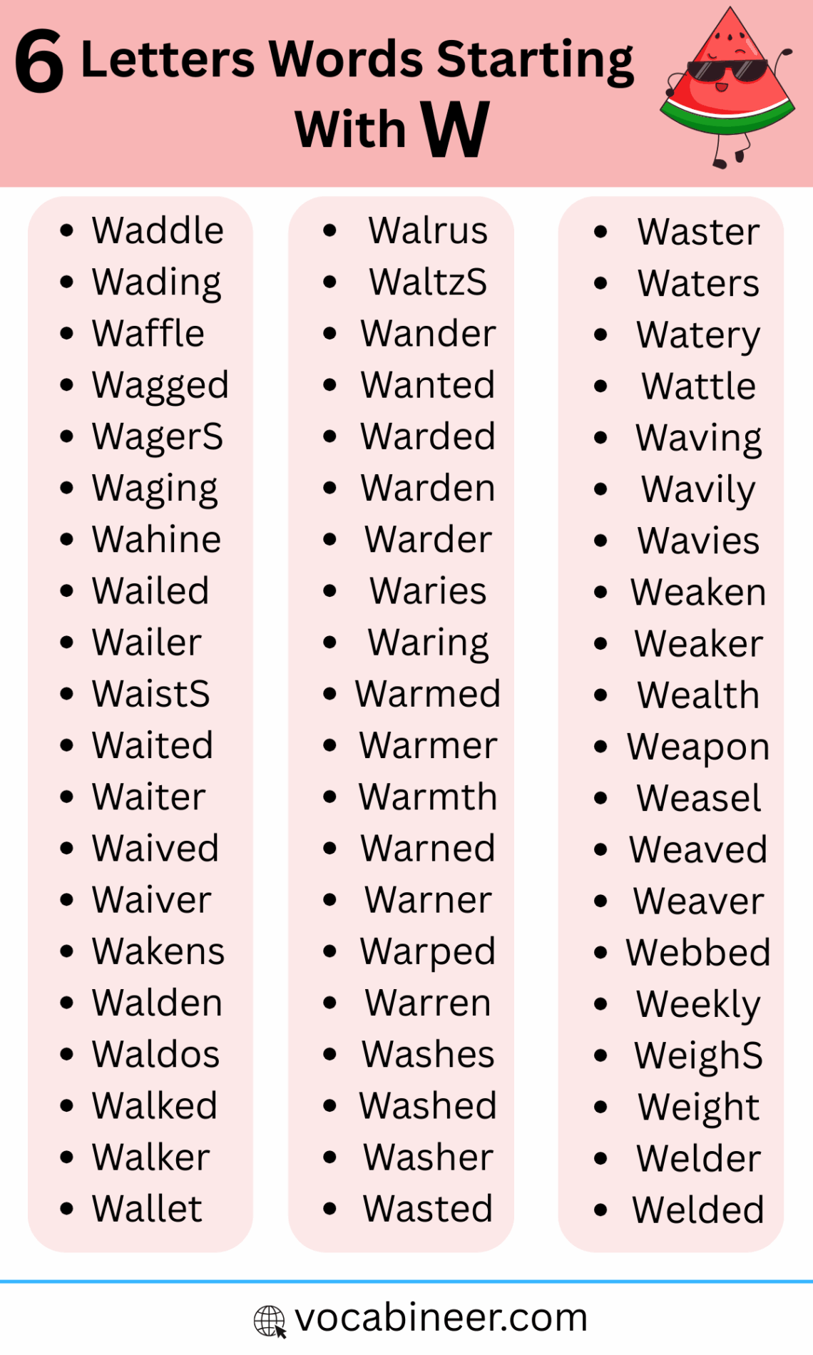 List of Easy 6 Letter Words Starting with W in English