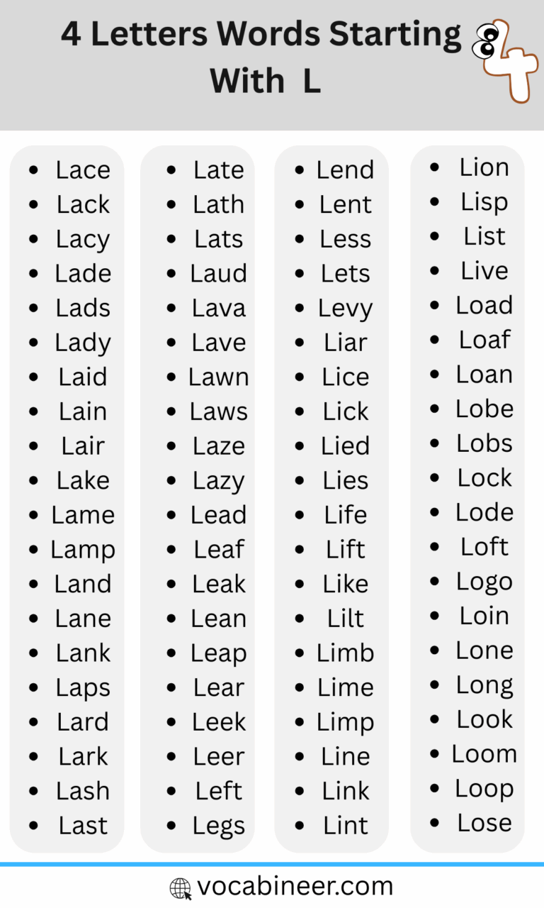 List of 140 Four Letter Words that Start with L in English