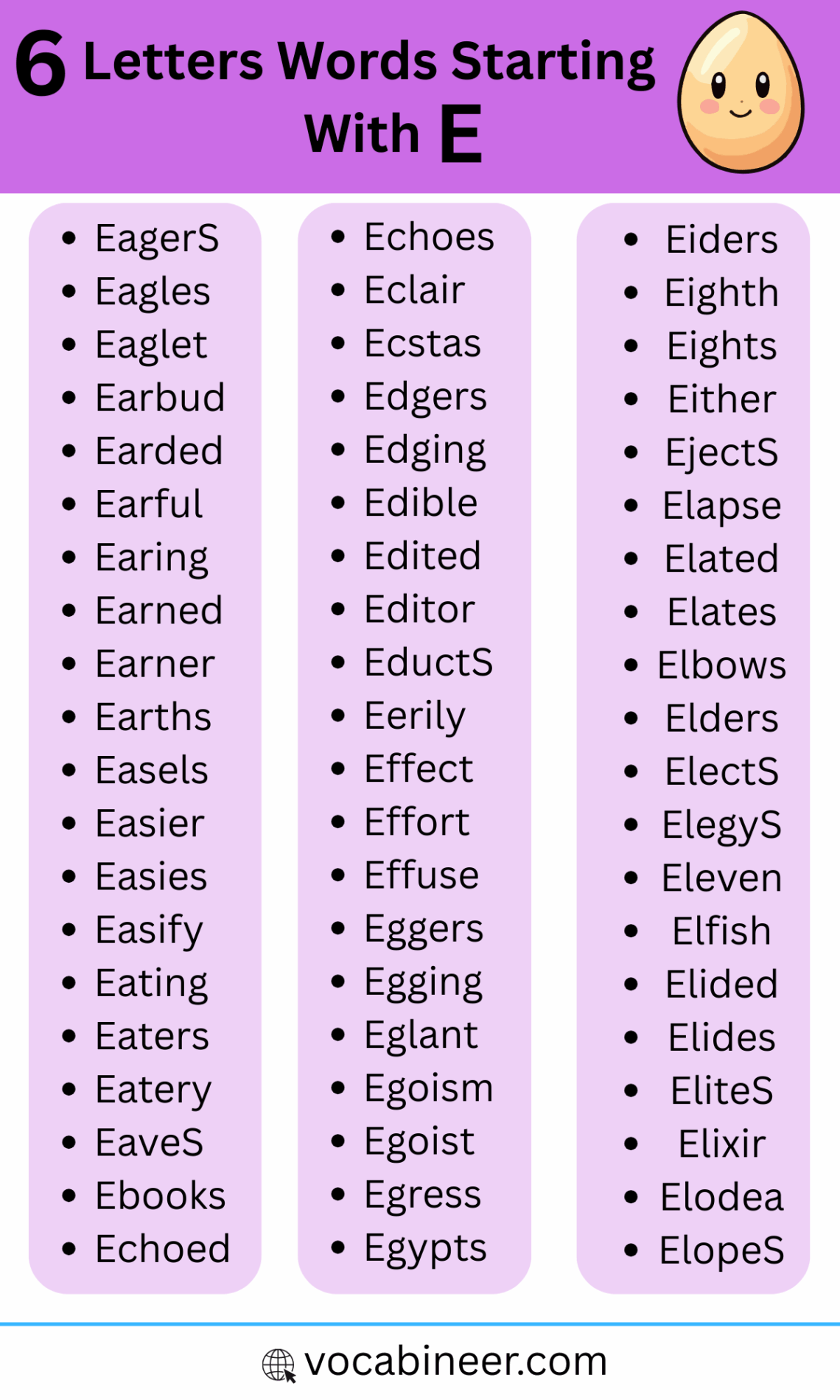List of Common 6 Letter Words That Begin with E in English