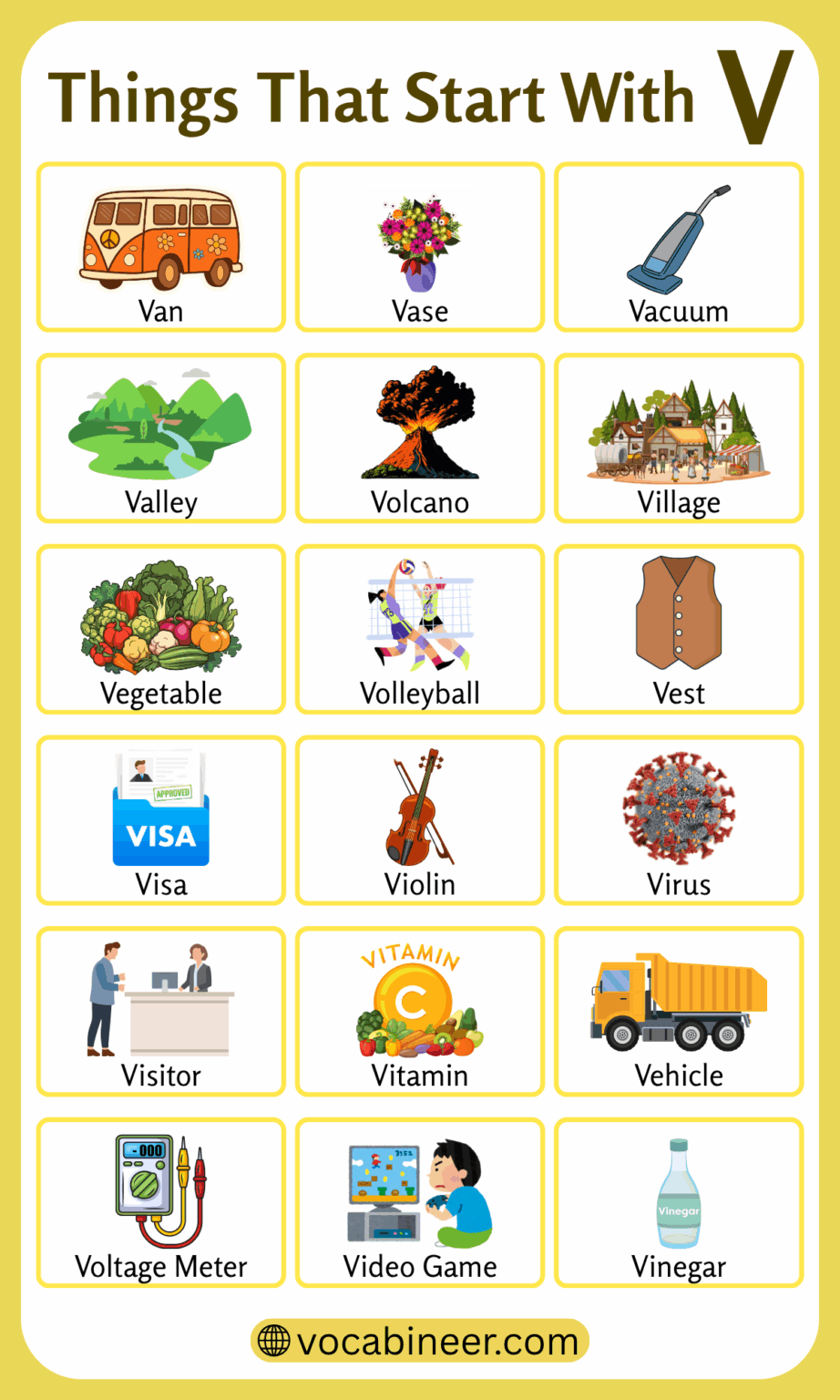 Things That Start with V | 122 Words with Letter V in English