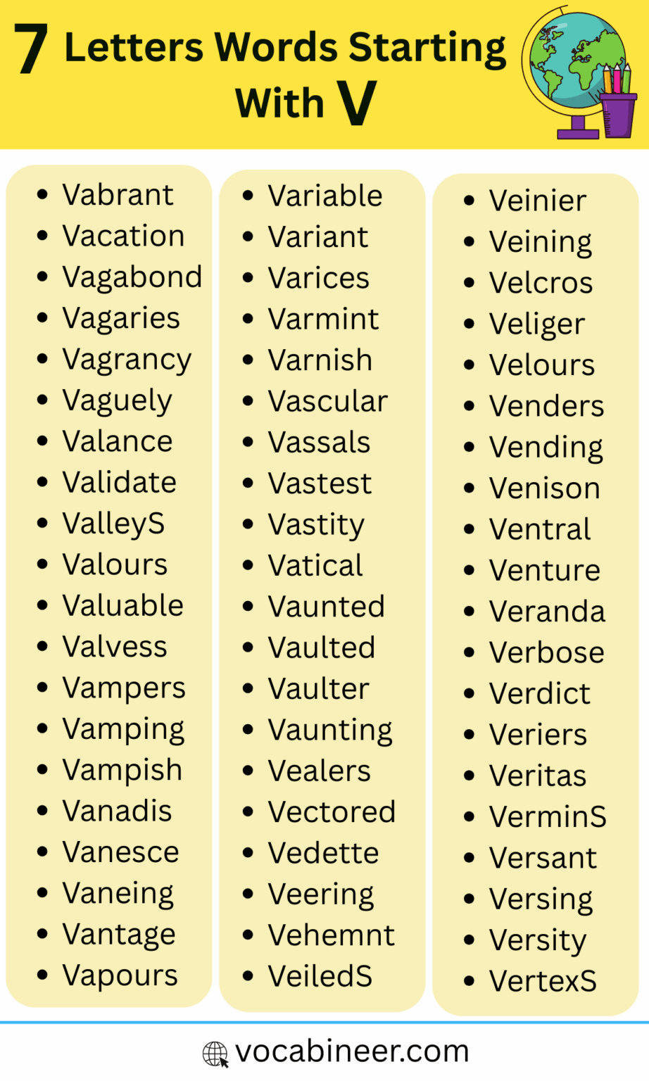 Useful 7 Letter Words Starting with V | 60 Words List in English