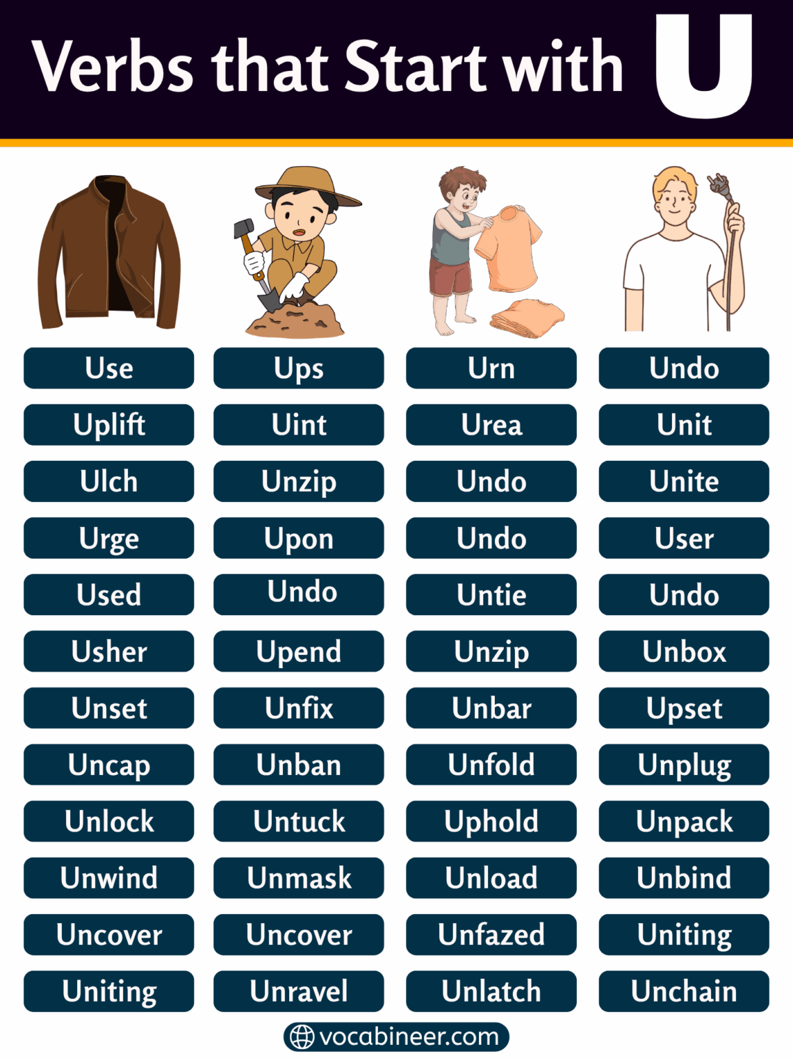 Full List of Verbs Starting With U in English