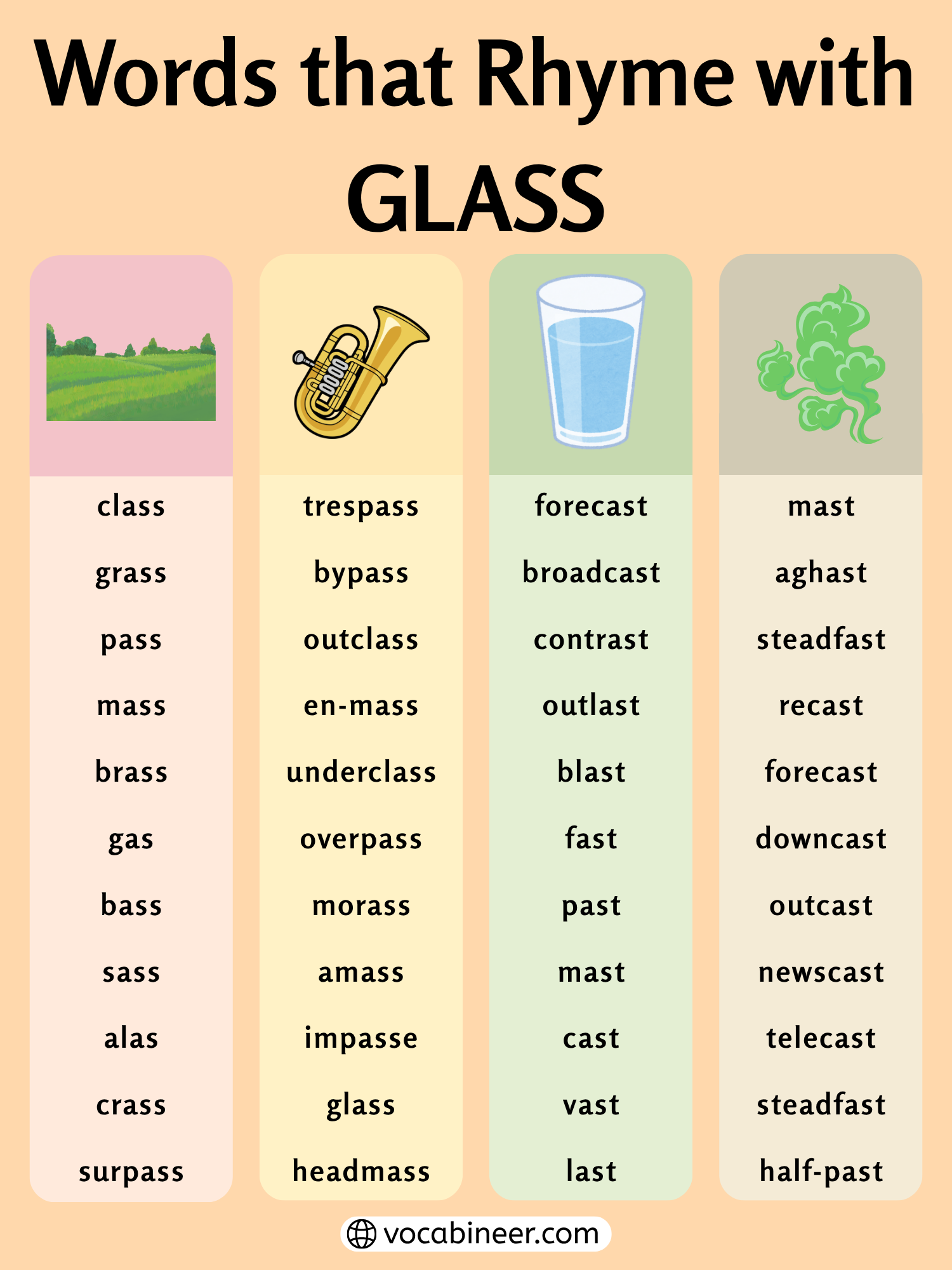 Bright Words That Rhyme with Glass in English
