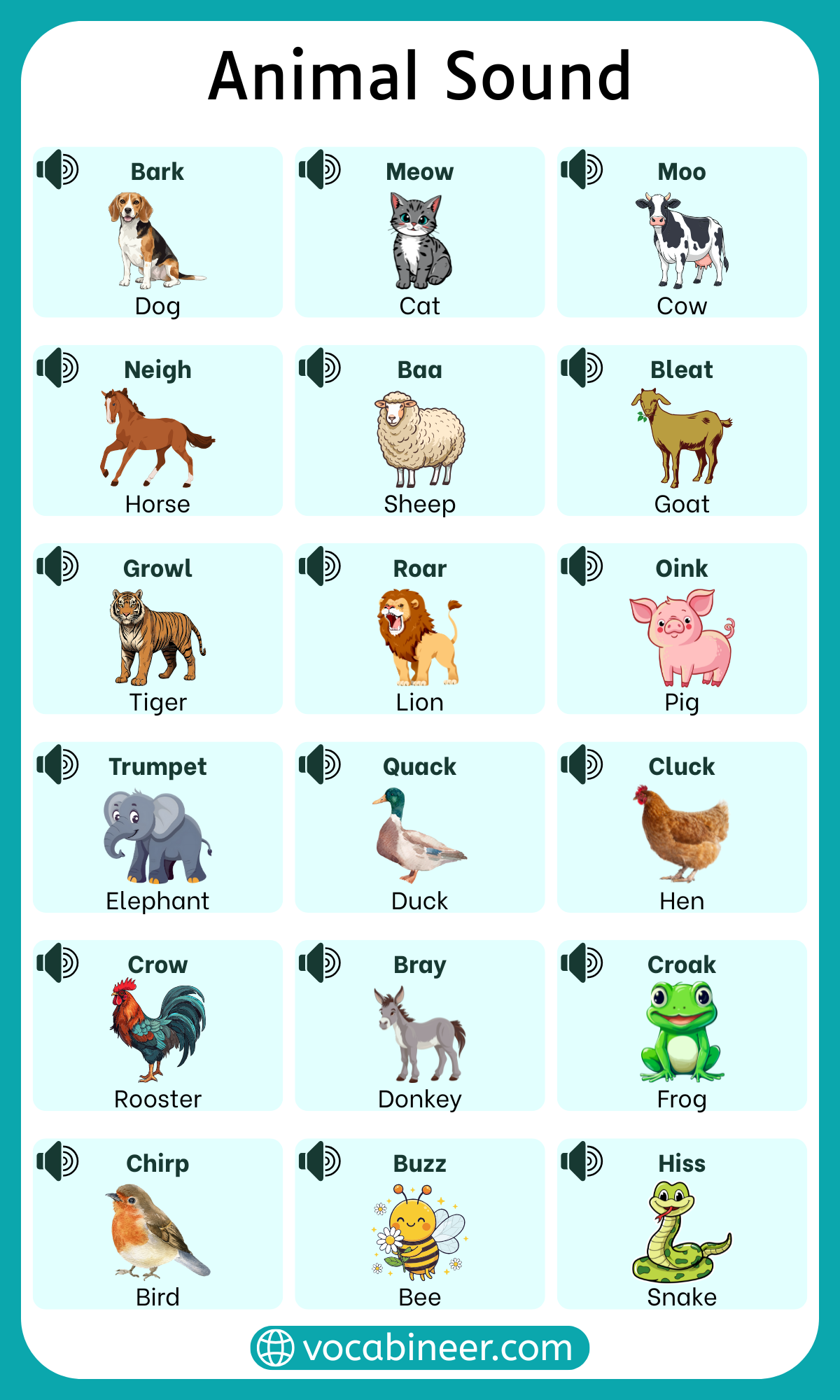 100 Animals and their Sounds in English with Pictures • Vocabineer