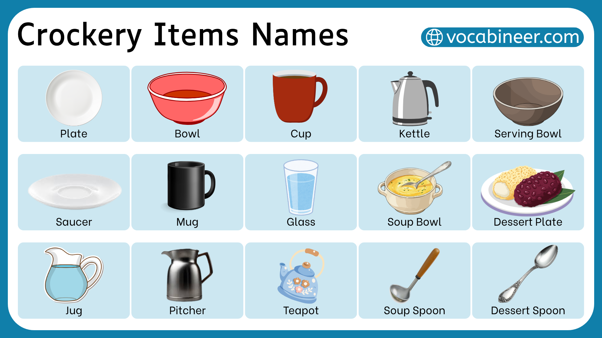 Crockery Items Names With Pictures and Uses