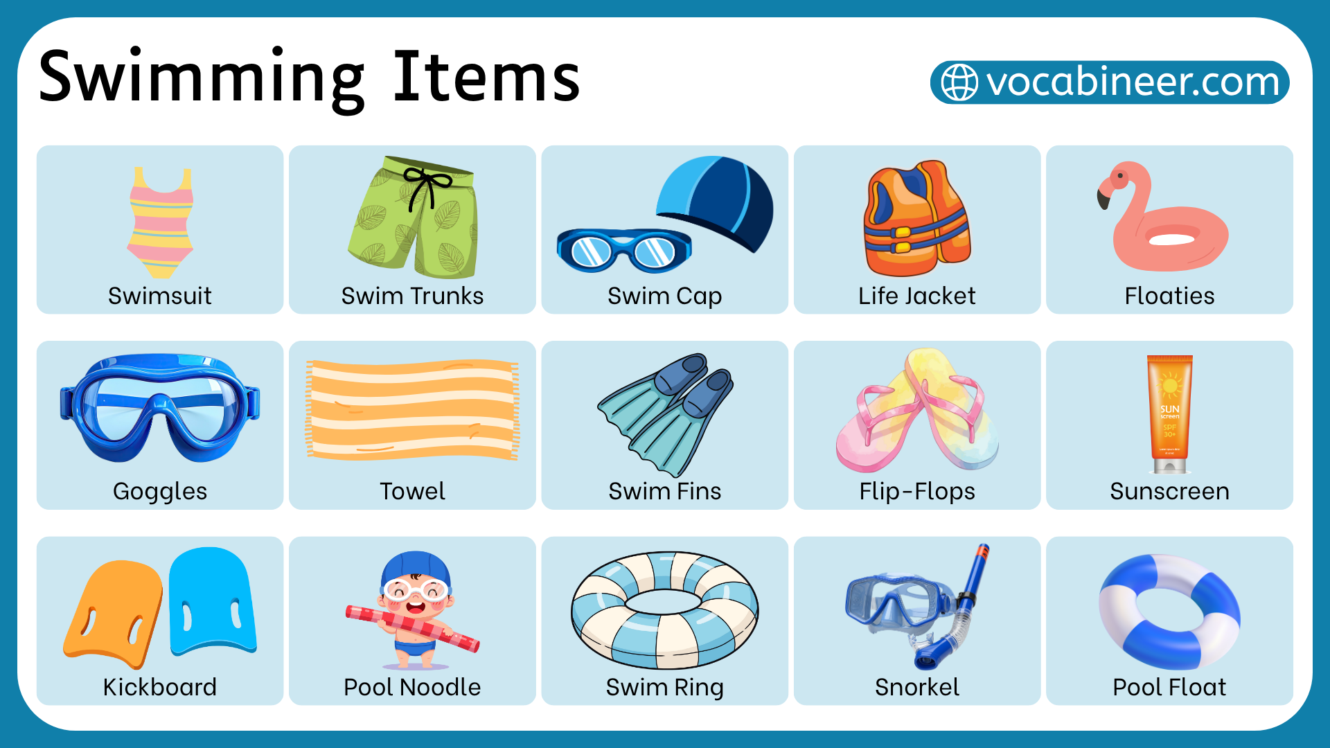 50+ Swimming Items Names with their Pictures