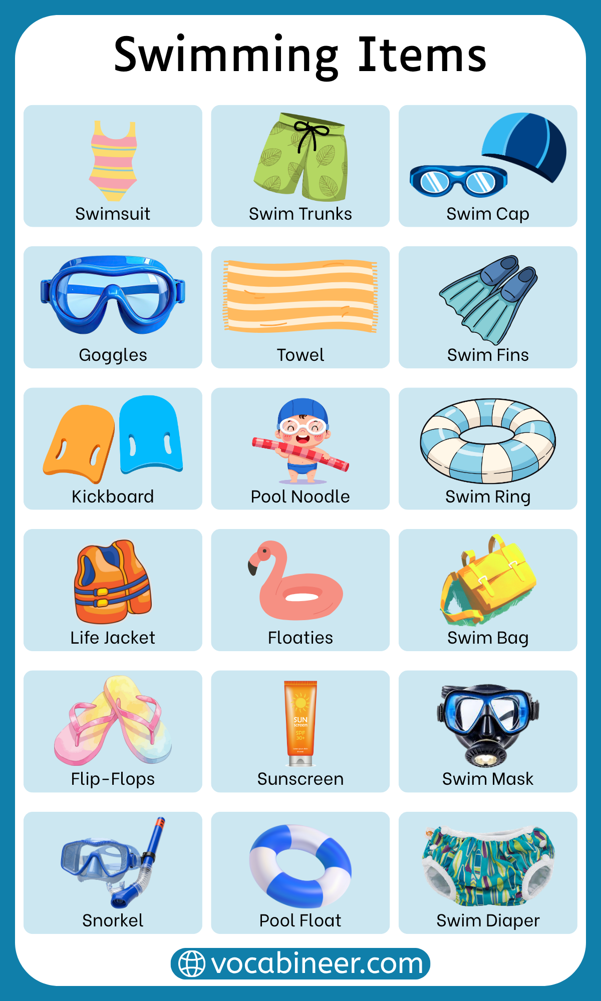 50+ Swimming Items Names with their Pictures