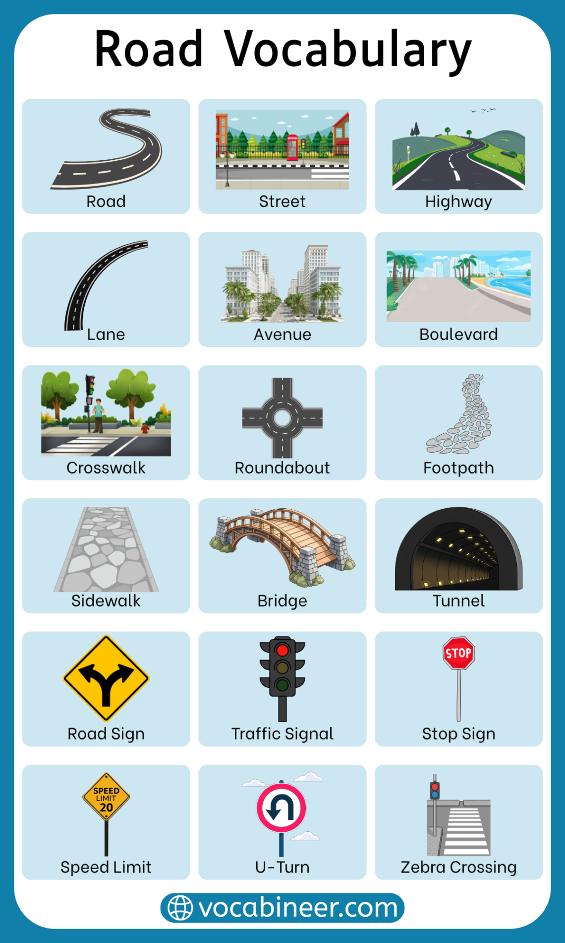 Road Vocabulary Words in English with Meanings and Pictures