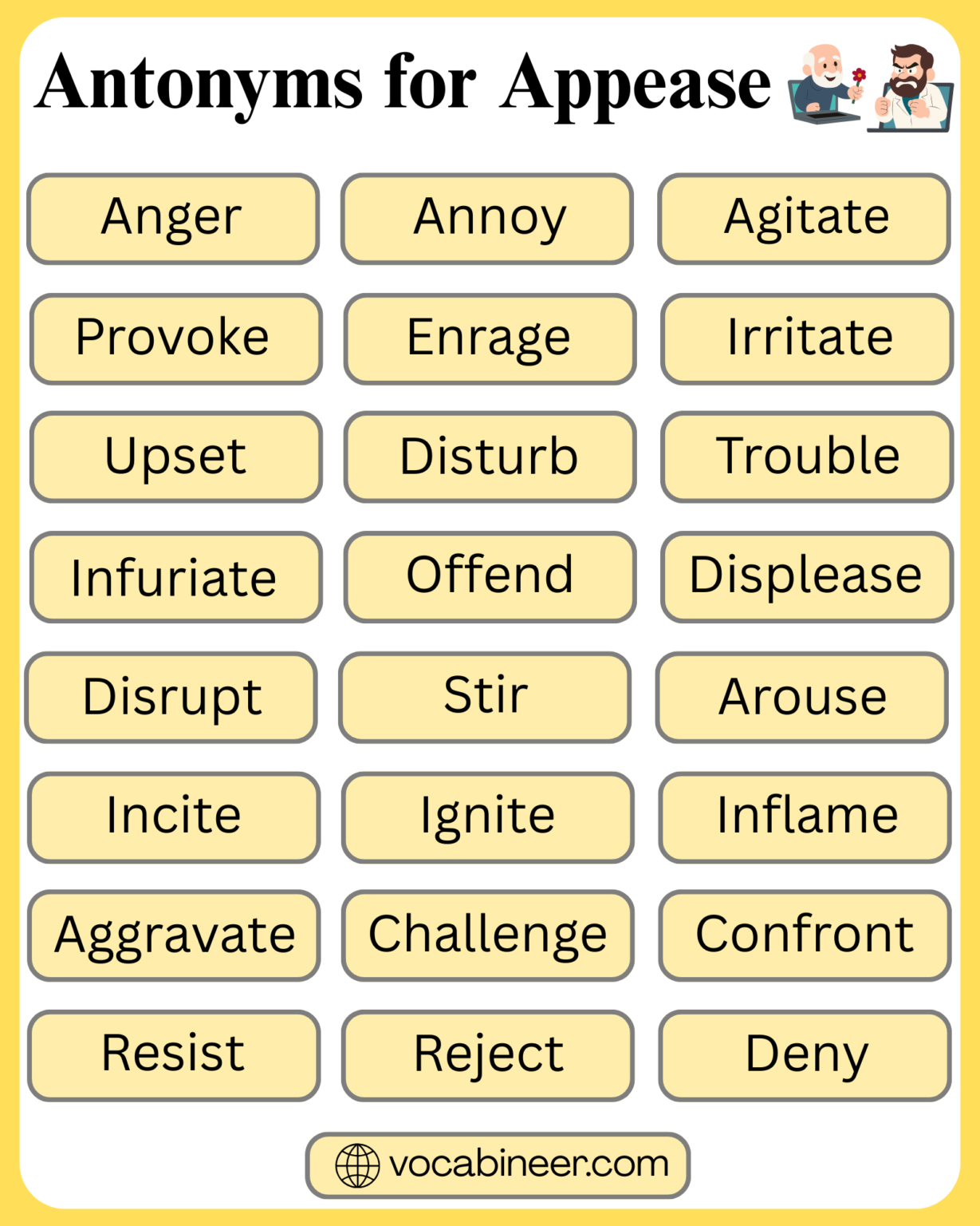 Antonyms for Appease | 30 Opposite Words List in English