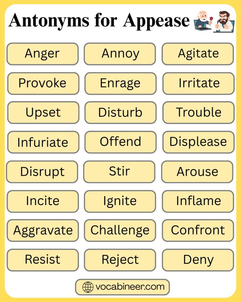 Antonyms for Appease | 30 Opposite Words List in English