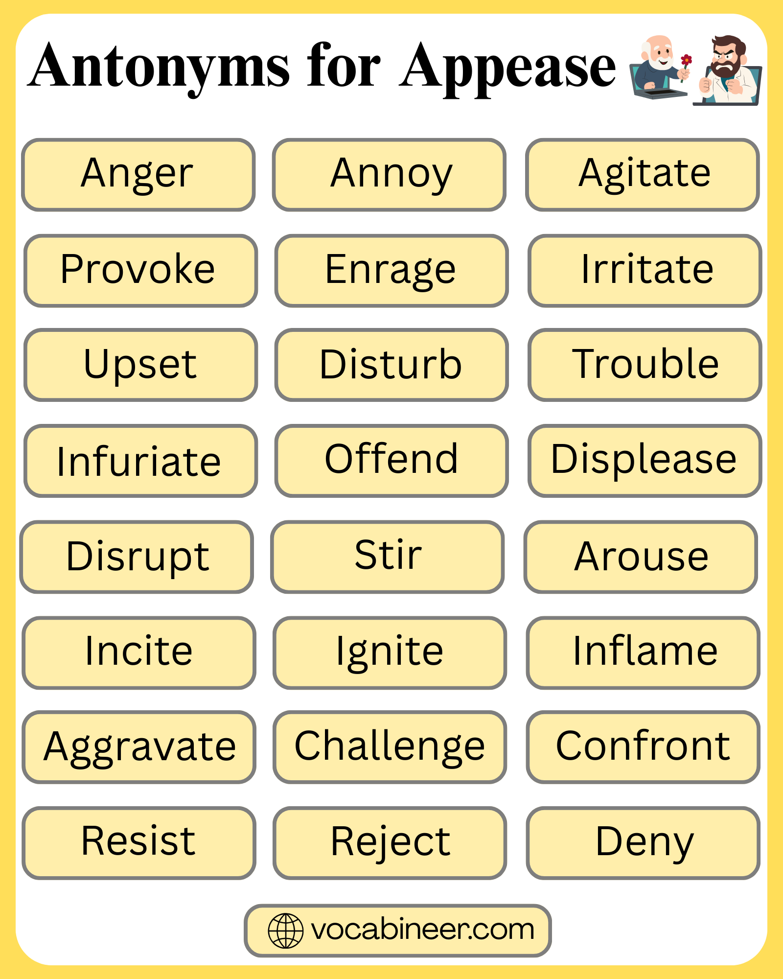 Antonyms for Appease | 30 Opposite Words List in English
