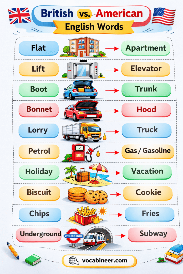 600 American vs British English Words List with Sentences