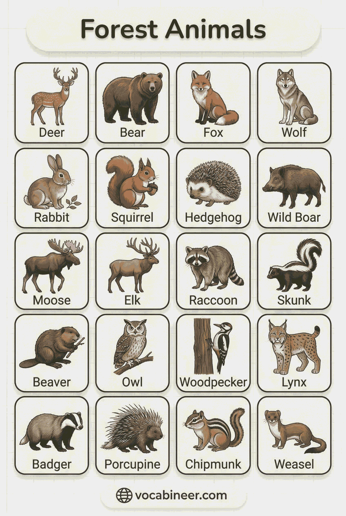 Complete List of Forest Animals Names in English With Pictures
