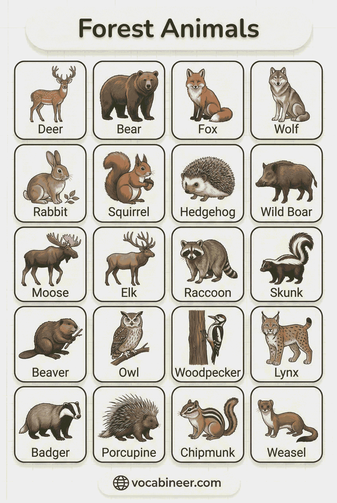 Complete List of Forest Animals Names in English With Pictures