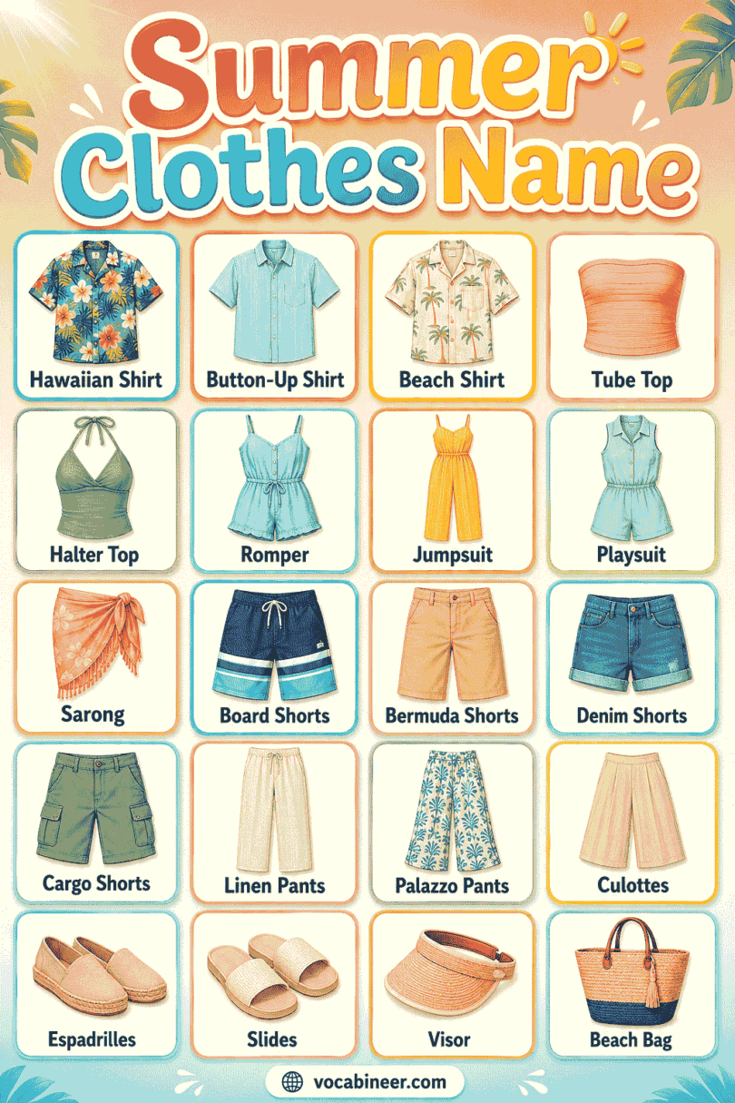 Summer Clothes Names in English with Pictures
